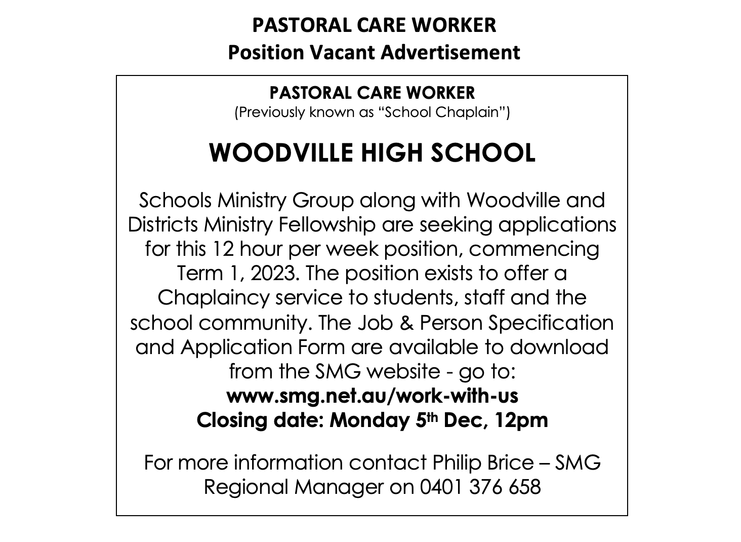 Woodville High School News - Pastoral Care Worker - Position Vacant ...